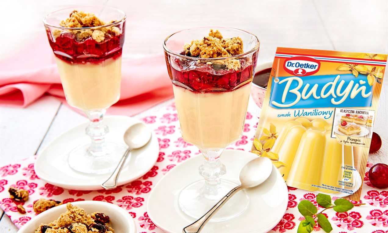 Budyń z konfiturą wiśniową i zbożowymi ciastkami Przepis | Dr. Oetker
